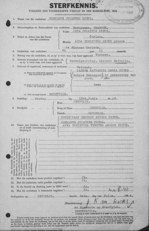 Jona Johannes Dicks Death Notice